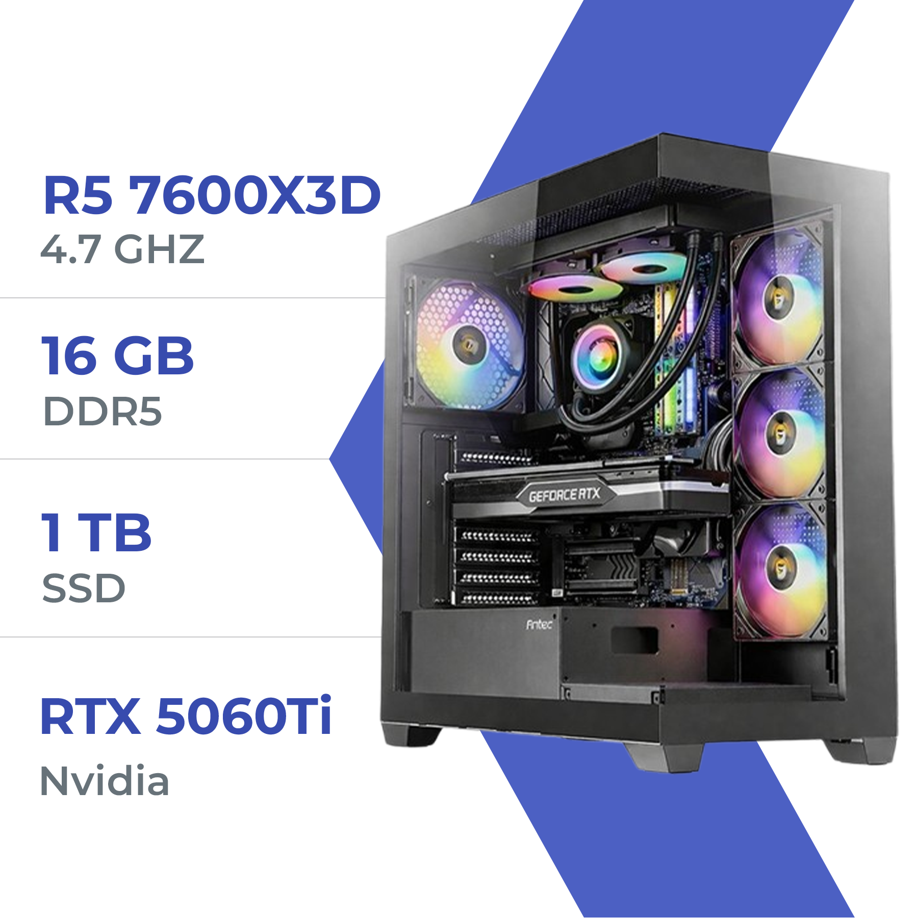 PC Gamer Techspace R5 7600X3D/1TB SSD/16GB/RTX 5060 Ti - Techspace.ma