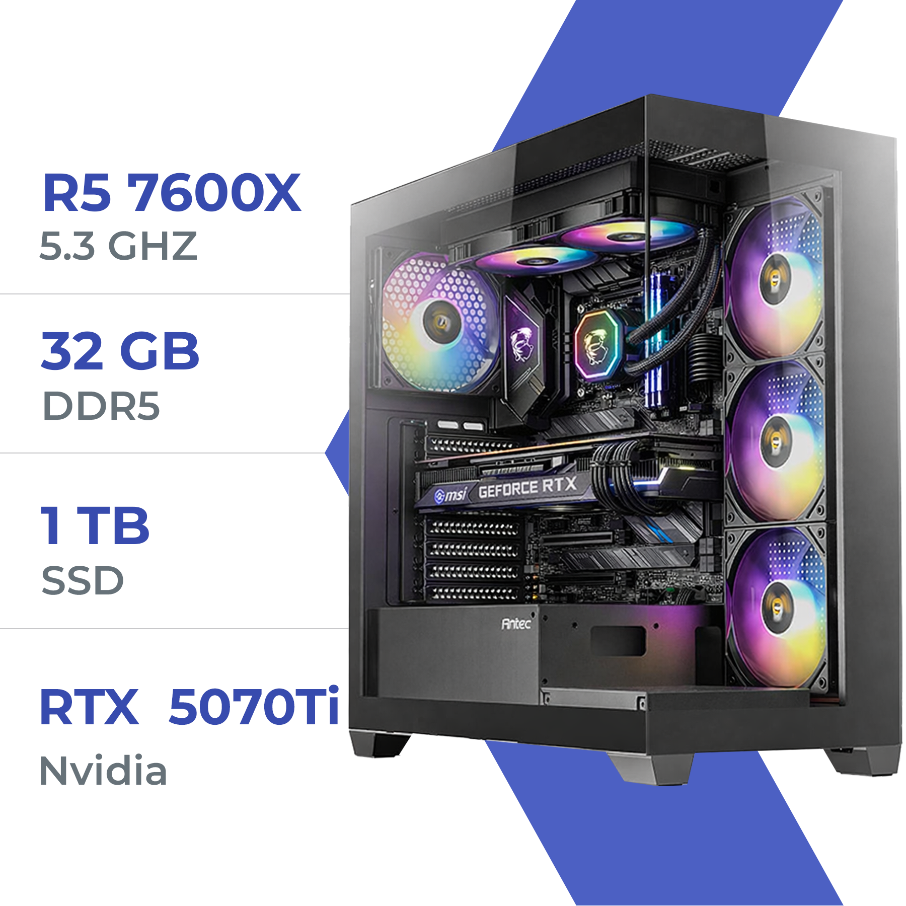 PC Gamer Techspace R5 7600X/1TB SSD/32GB/RTX 5070 Ti - Techspace.ma